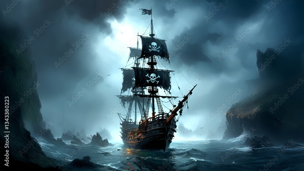 Haunted ghost pirate ship sailing through stormy waters under a full ...