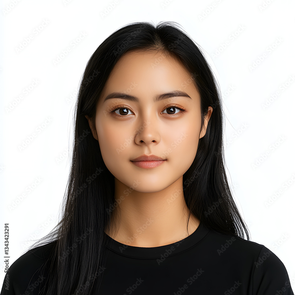 Professional ID photo style portrait, female with long black hair ...