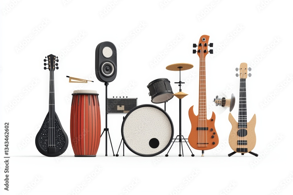 Collection of musical instruments including guitar, drum, speaker, and ...