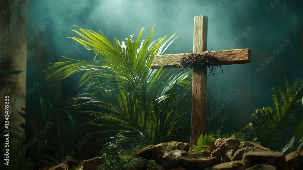 A Palm Sunday tableau: a crown of thorns adorns a wooden cross, its ...