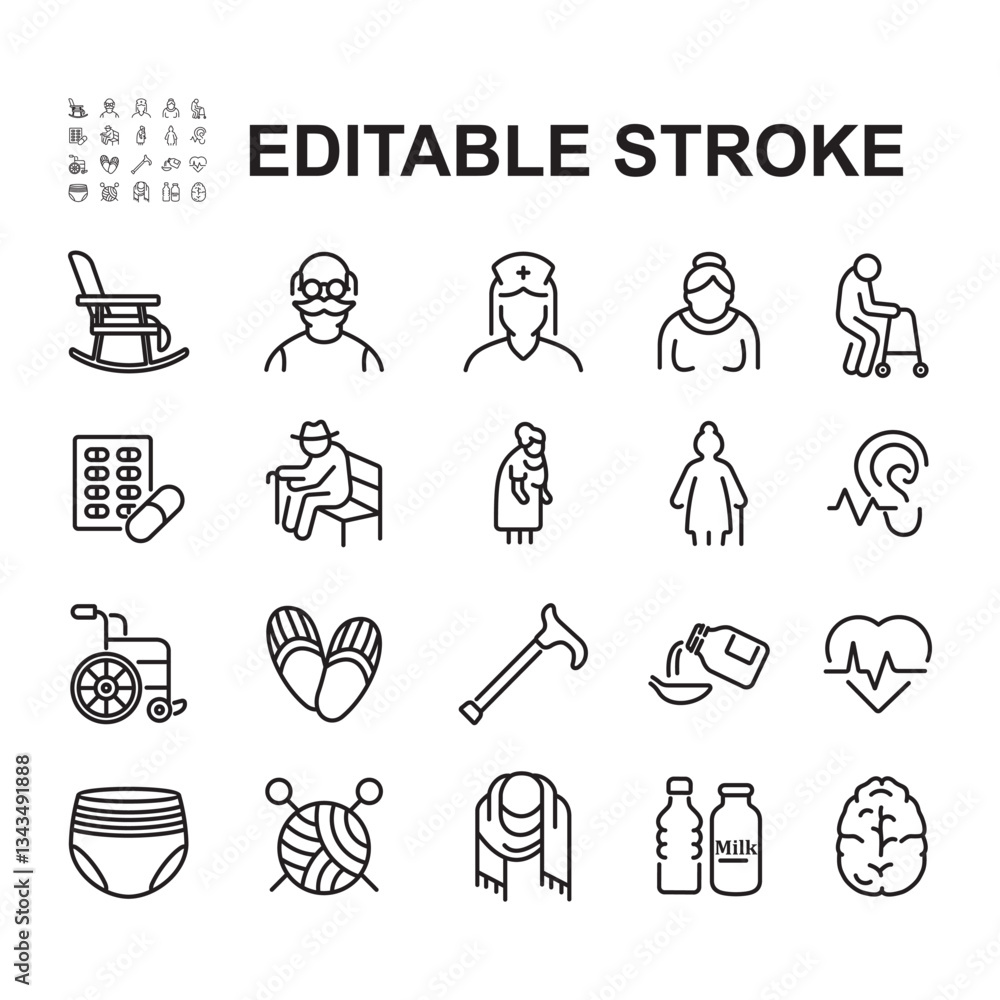 Elderly icon set. Thin line vector. Contains icons related to elderly ...