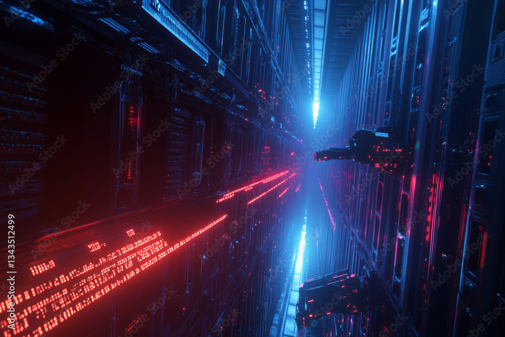 A futuristic 3D background of a massive data center with endless glowing server racks. Blue and ...