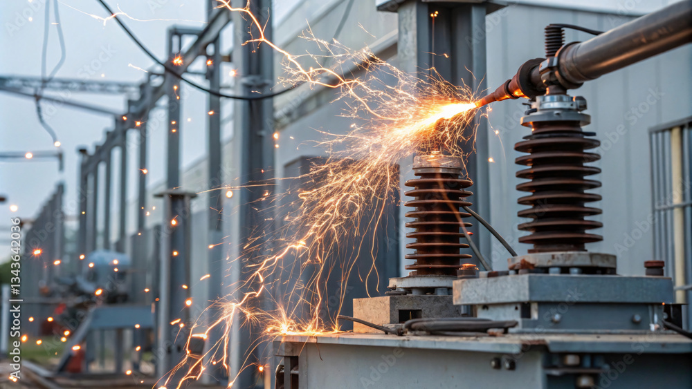 Industrial Electric Equipment Sparks and Arcing Close-Up at Power ...
