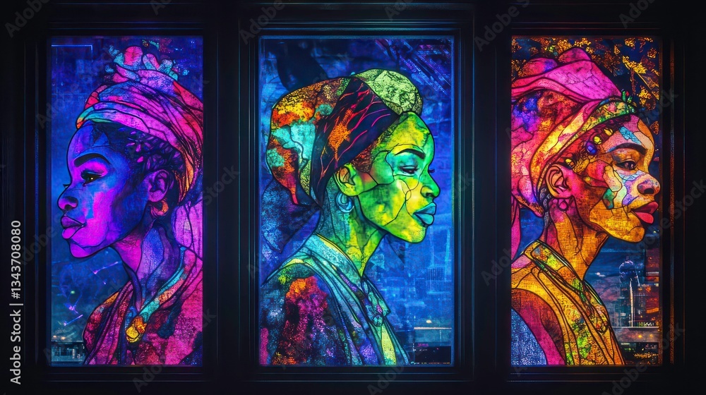 Triptych of vibrant, colorful portraits of women in profile ...