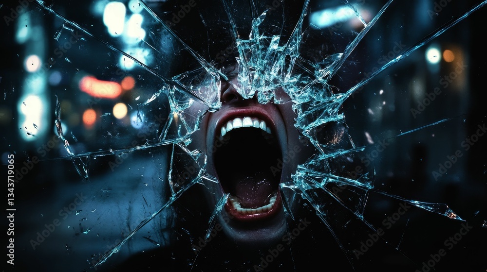 Shattered glass obscures screaming face city background Stock ...