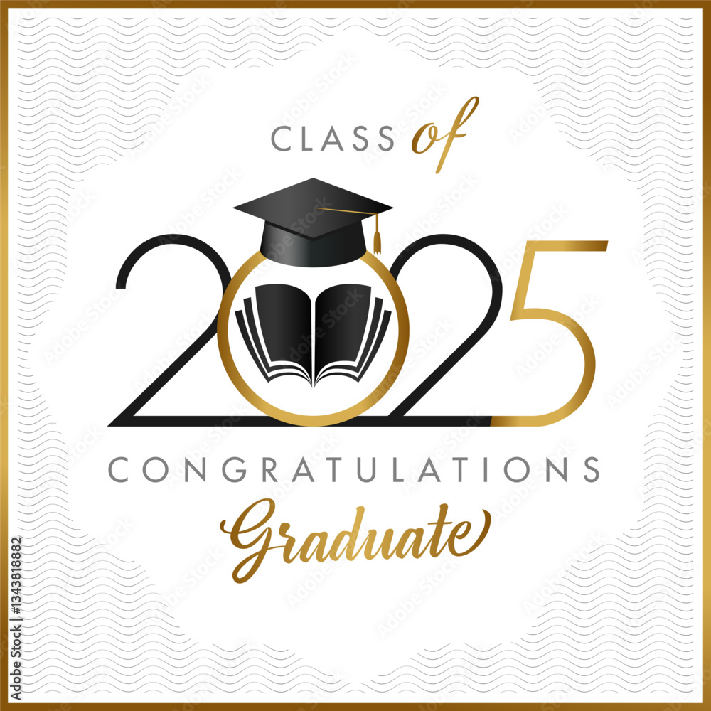 Class of 2025 congratulations graduate. Document backdrop, golden frame ...