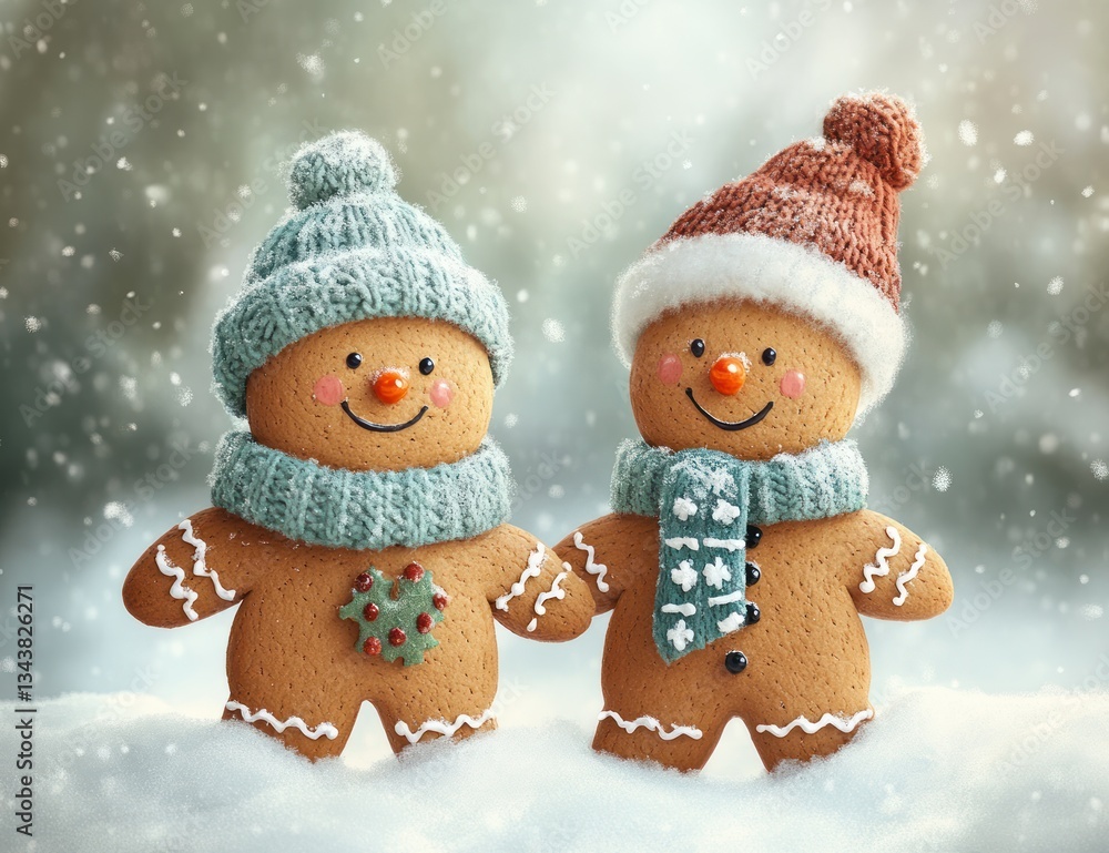 Gingerbread Man and Gingerbread Girl Walking in a Joyful Winter ...