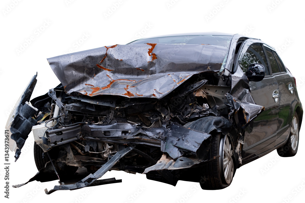 Car crash, Front view of black sedan car get damaged by accident on the ...