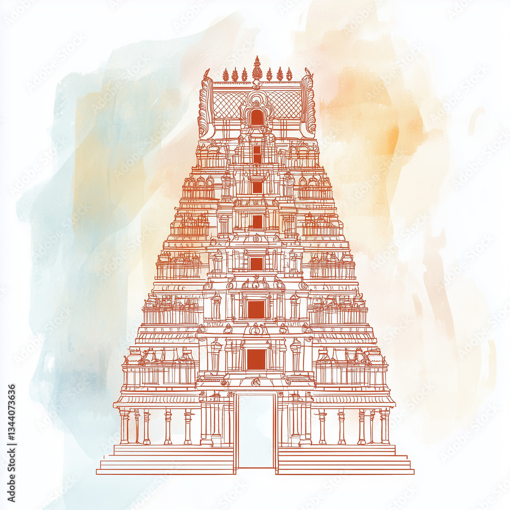 This is a delicate digital watercolor illustration of an Indian temple ...