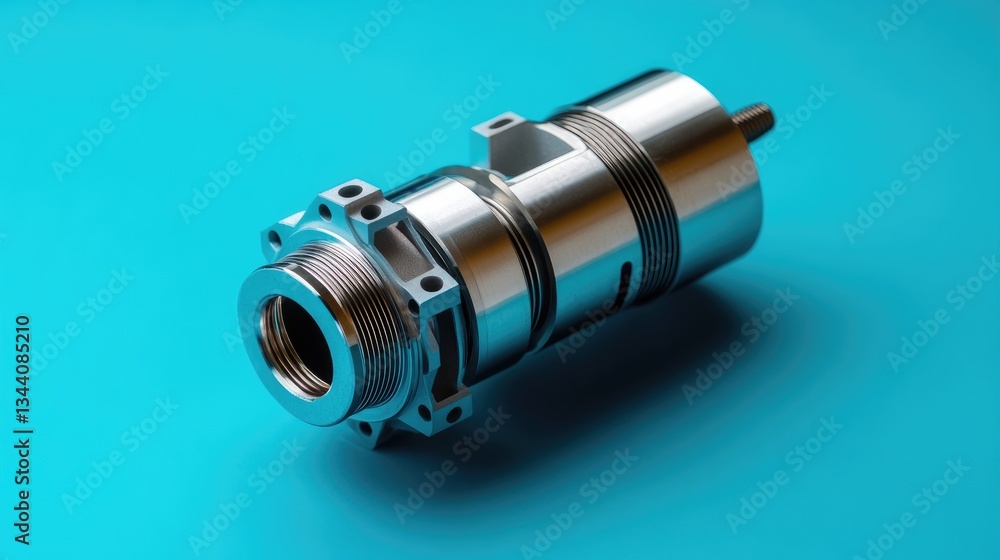 Cylindrical brushless motor with detailed wiring on a cool-toned blue ...