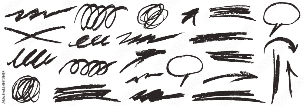 Chalk scribble drawings of arrows and underlines. Hand drawn charcoal ...