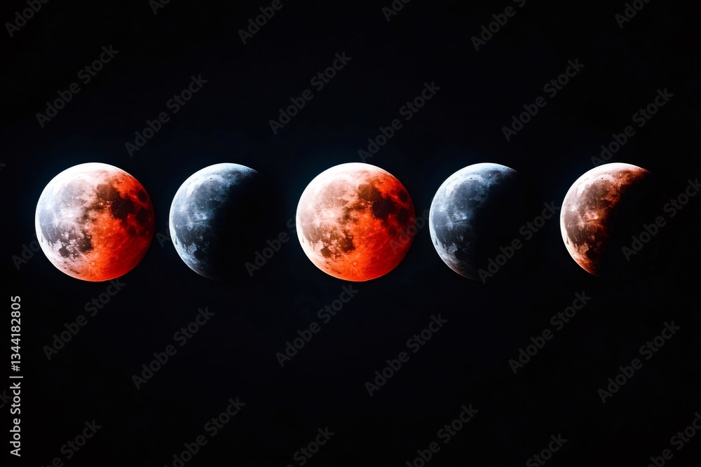 Five moons representing different stages of a lunar eclipse creating a ...
