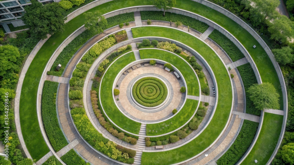 Aerial view of a circular garden with concentric rings of greenery and ...