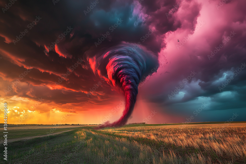A colorful tornado swirls in the sky over an open field. A powerful and ...