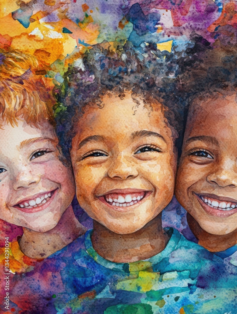 This vibrant watercolor illustration features three smiling children ...
