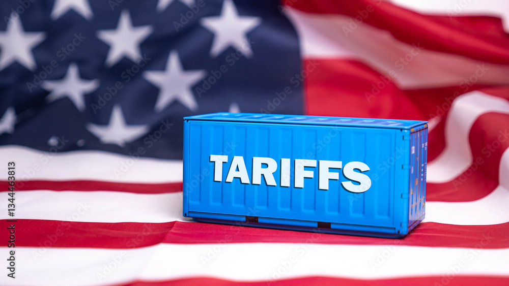 Container tariffs word on Flag of the United States of America ...