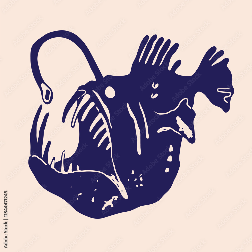 Angler fish. Underwater sea creature, marine, ocean life concept. Hand drawn modern Vector ...