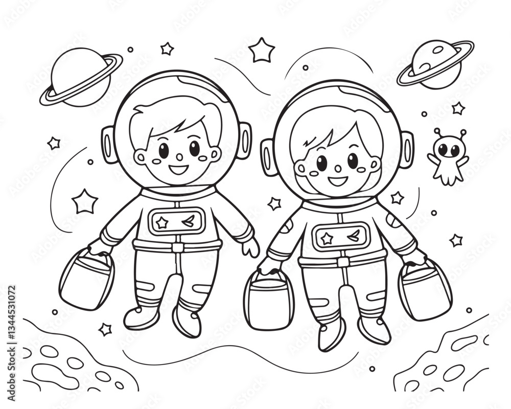 Boy & Girl Space Line art, Holding Bag Adventure Coloring Page ...