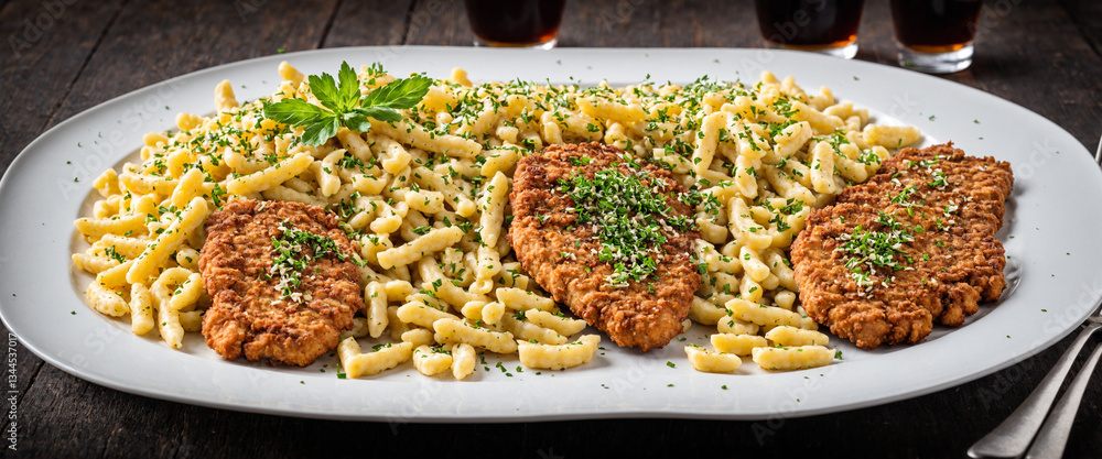 traditional german schnitzel with spaetzle pasta, crispy breaded cutlet ...