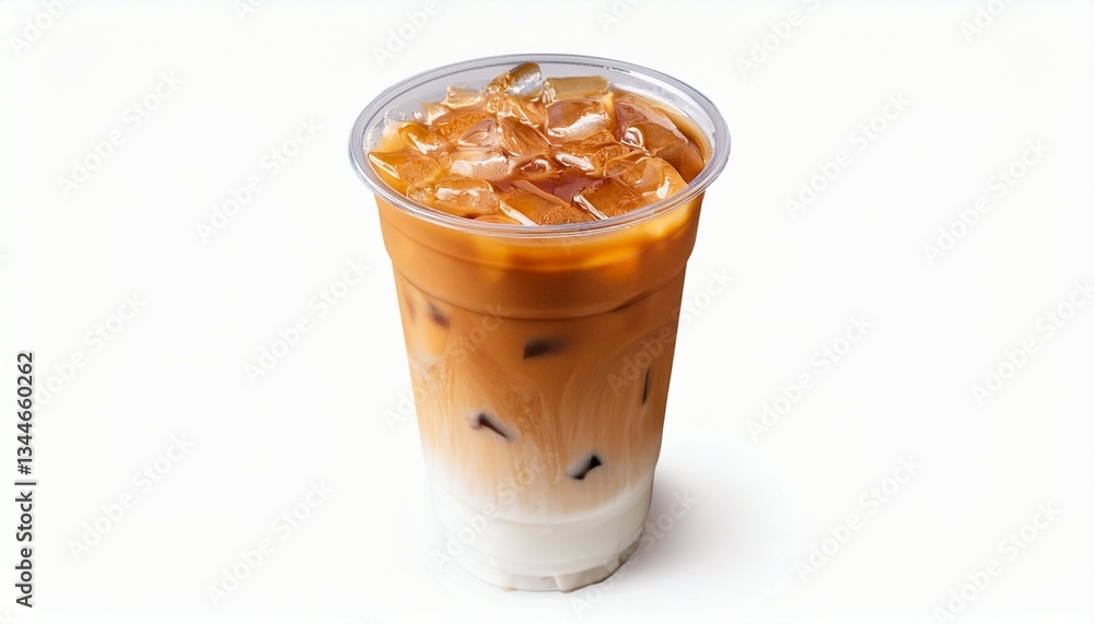 Realistic iced milk tea in transparent plastic glass filled with ice ...