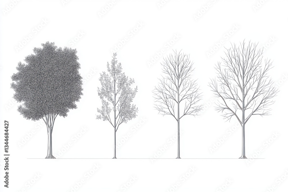 Architectural Drawings, Minimal style cad tree line drawing, Side view, set of graphics trees ...