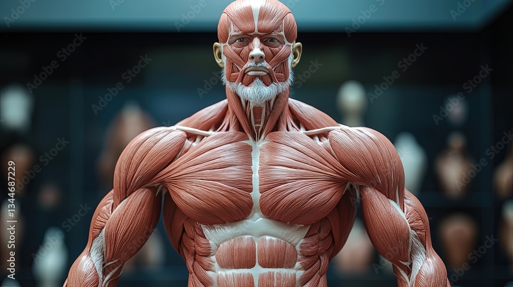 Human muscle anatomy with major muscle groups highlighted, artistic and ...