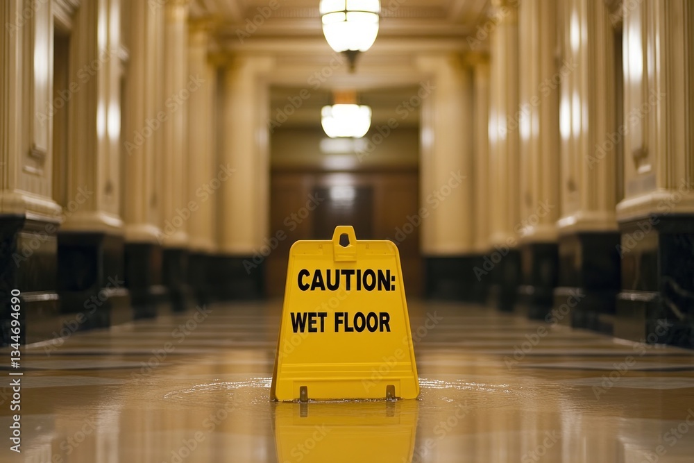 In a spacious bank lobby, a janitor carefully positions a yellow ...
