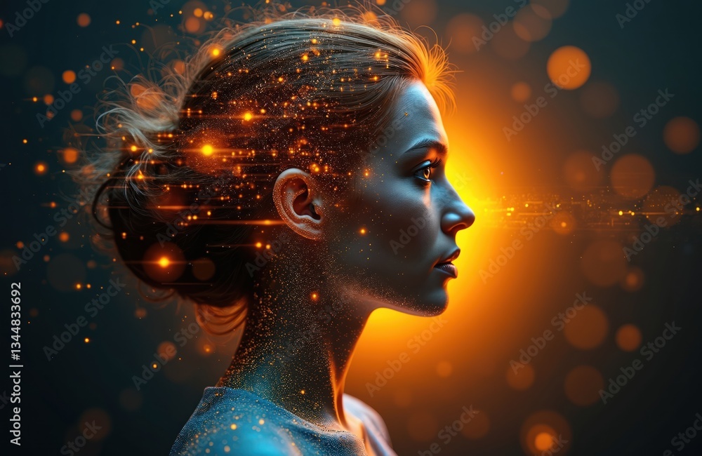 Side view of woman illuminated by golden light, digital data streams ...