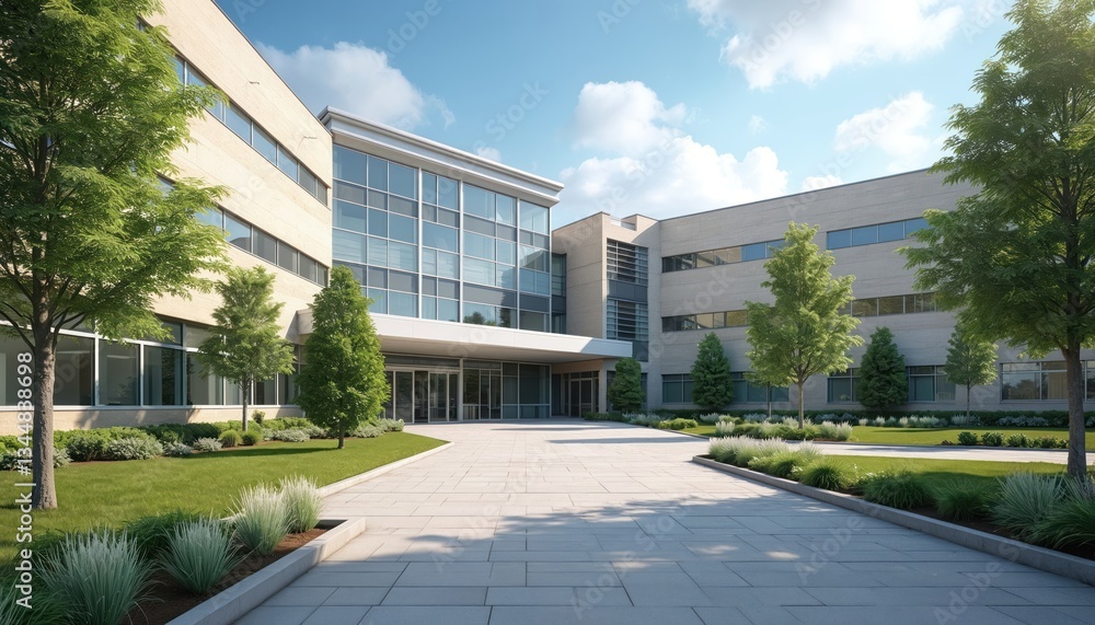 Modern hospital building view with landscaped gardens, inviting walkway ...