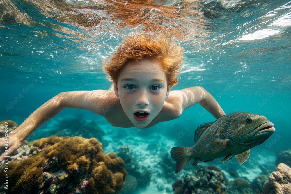 Dangerous goliath grouper and extreme surprise young person boy swims ...