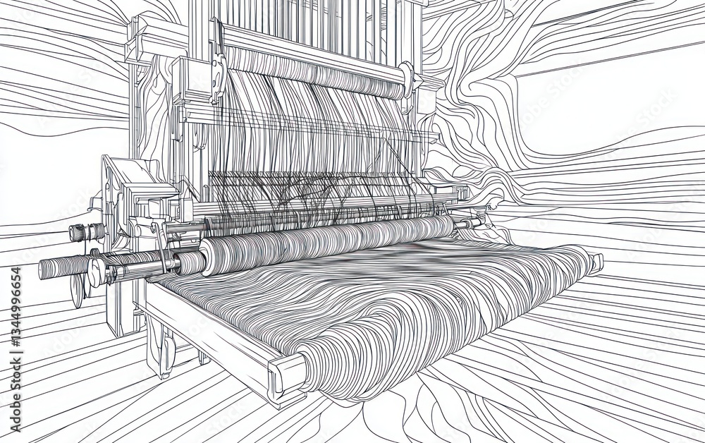 Modern ultra-HD line drawing a weaving loom, with dynamic patterns ...