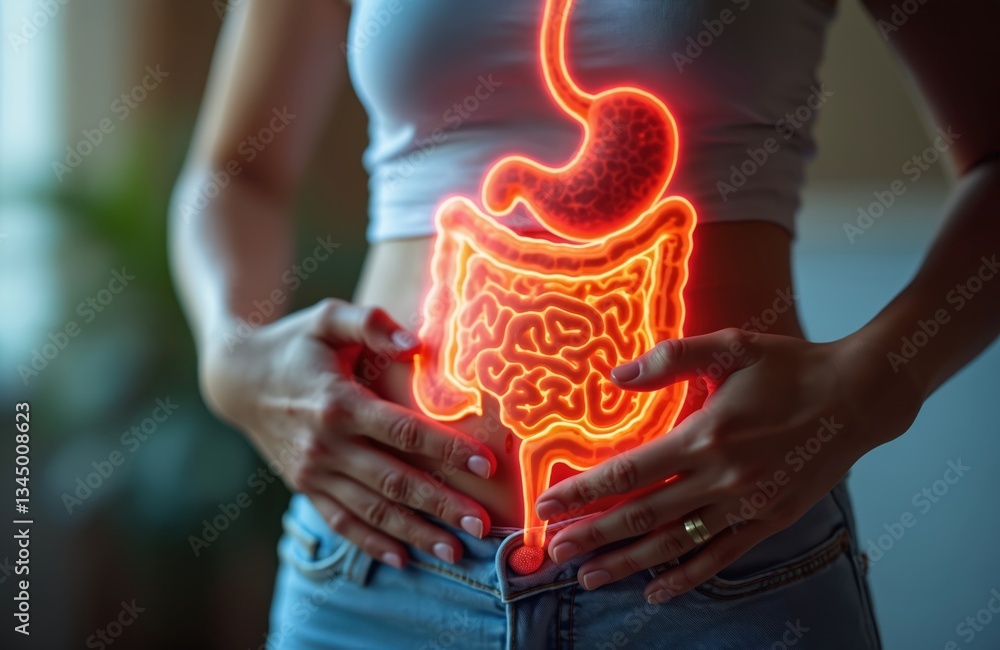 Woman holds bright glowing model of digestive system. Probiotic ...