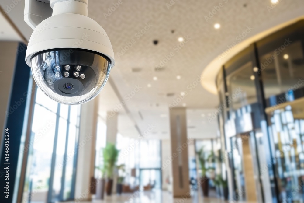 Surveillance camera monitoring hotel lobby entrance for guest safety ...