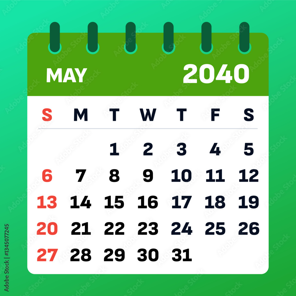 May 2040 Calendar Layout. Vector template of a May planner. May 2040 ...