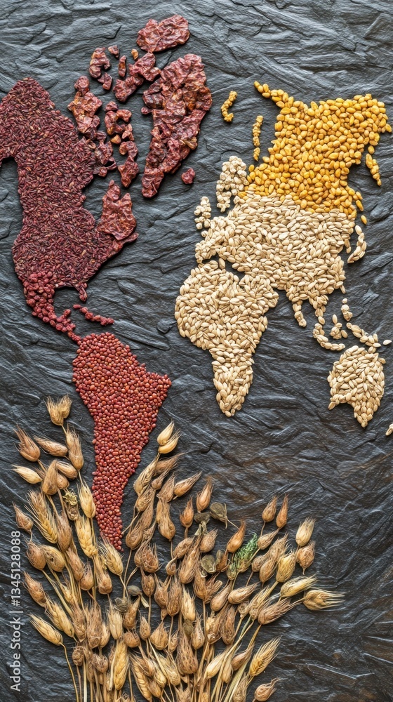 World map constructed from seeds and grains arranged artistically on a ...