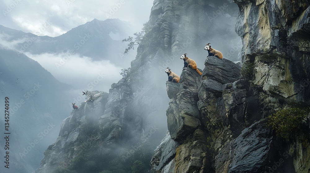 Misty Himalayan mountainscape showcasing snow leopards red pandas ...