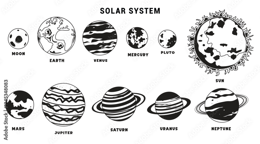 Solar system outline clipart set. Outer space planets drawing like sun ...