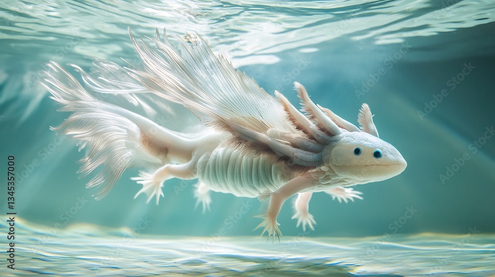 Rare axolotl swimming in a crystal clear freshwater pool its feathery ...