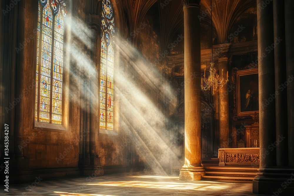 ancient cathedral interior bathed in ethereal light beams dust motes ...