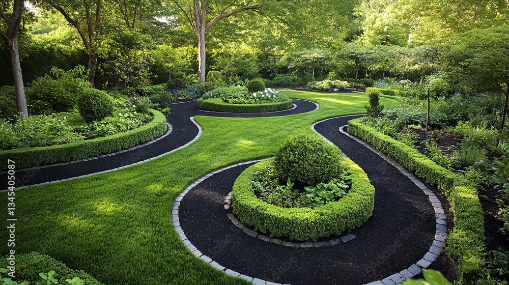overhead garden composition, formal landscaping design, curved granite ...
