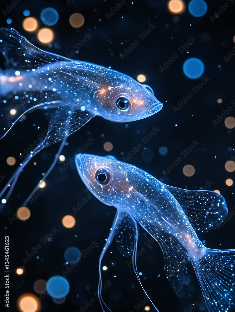 Bioluminescent deep sea fish glow radiant blue underwater surreal ...