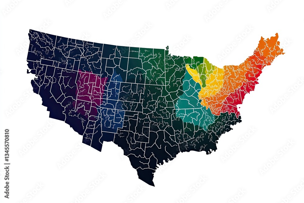 US map divided into color-coded regions. Stock Illustration | Adobe Stock