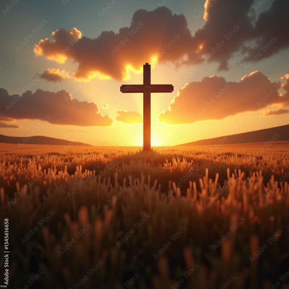 The cross, a symbol of faith and sacrifice, stands tall in a field, its ...