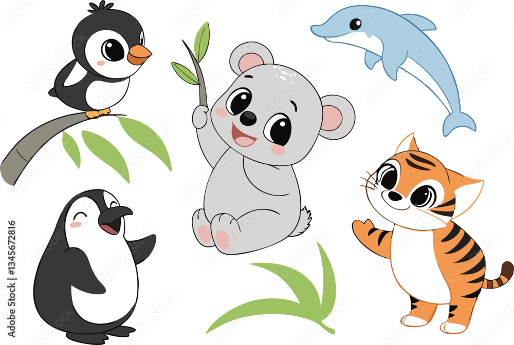 Cartoon illustration of a penguin, koala, dolphin, and tiger on a white ...