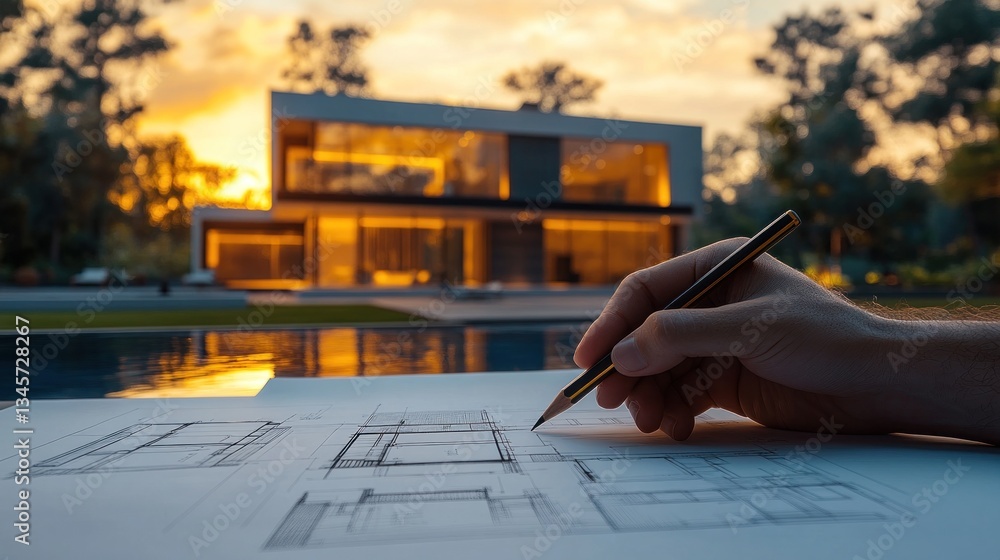 architectural blueprints under golden sunset reflecting on modern house ...