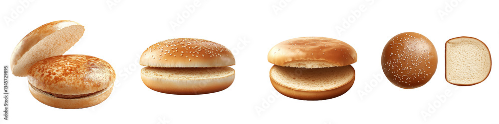 Various types of sesame and plain burger buns displayed in different ...