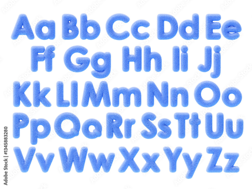 3d blue fur font, fluffy alphabet of uppercase and lowercase letters ...