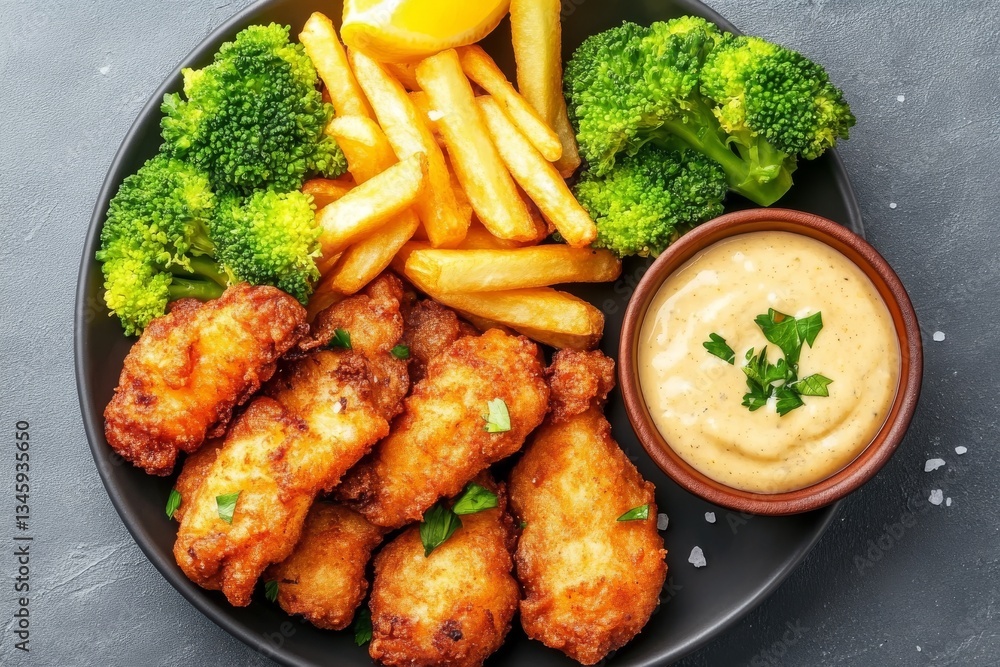 Delicioso plato de pescado empanizado con papas fritas, brócoli y salsa ...