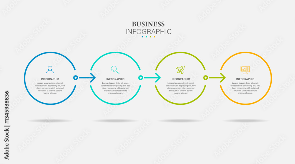 Line step infographic. 4 options workflow diagram, circle timeline number infograph, process ...
