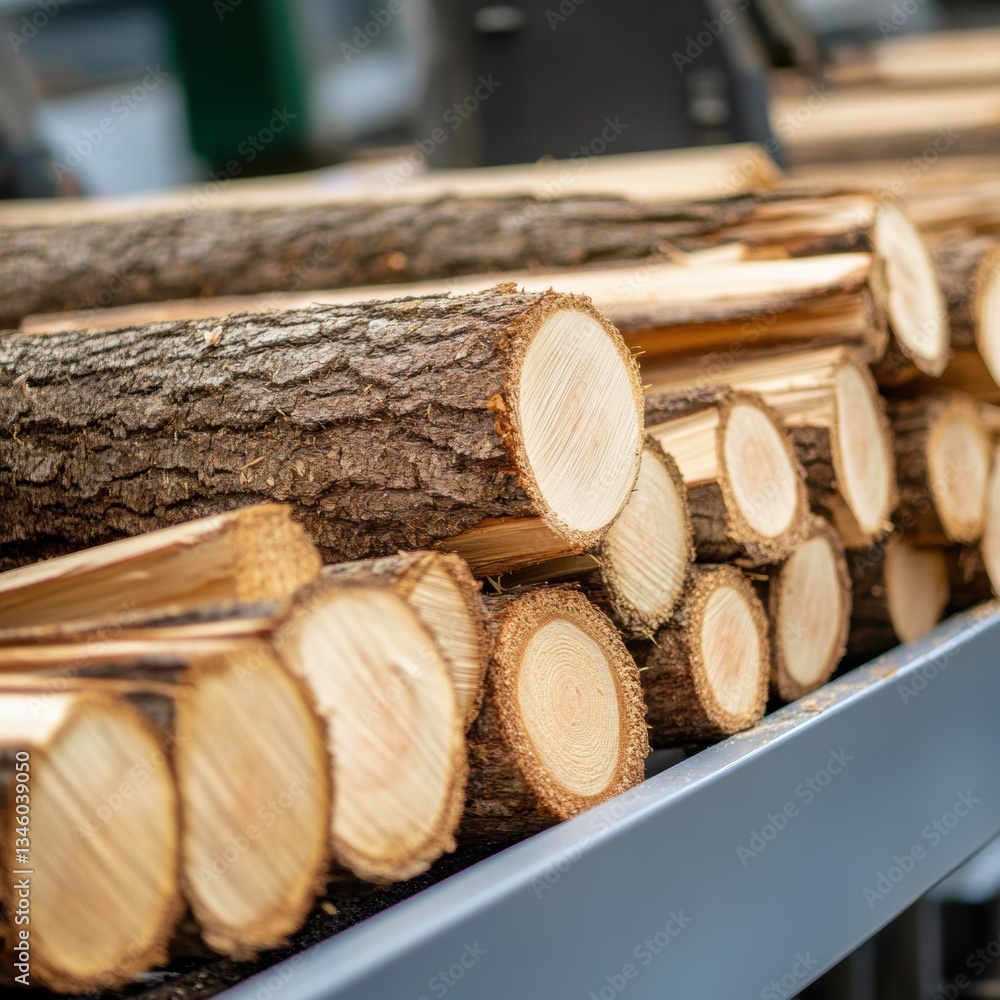 Firewood process efficiency. Stacked logs ready for processing in a ...